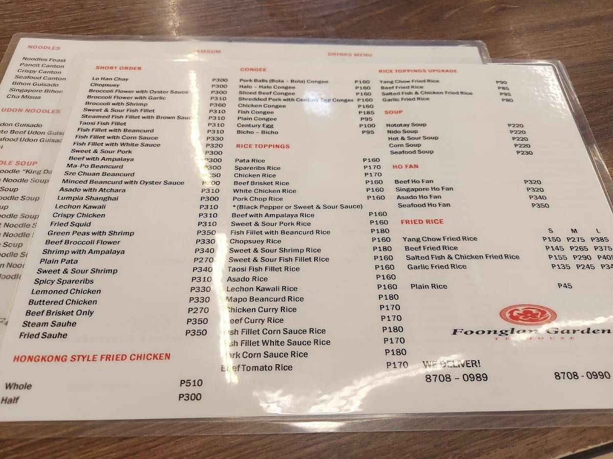 Menu at FOONG LAN GARDEN restaurant, Philippines
