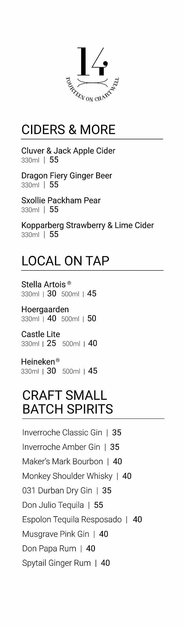 Menu at 14 on Chartwell pub & bar, Umhlanga