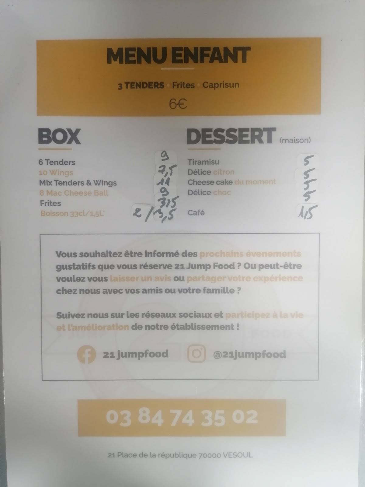 Menu au 21 Jump Food restaurant, Vesoul