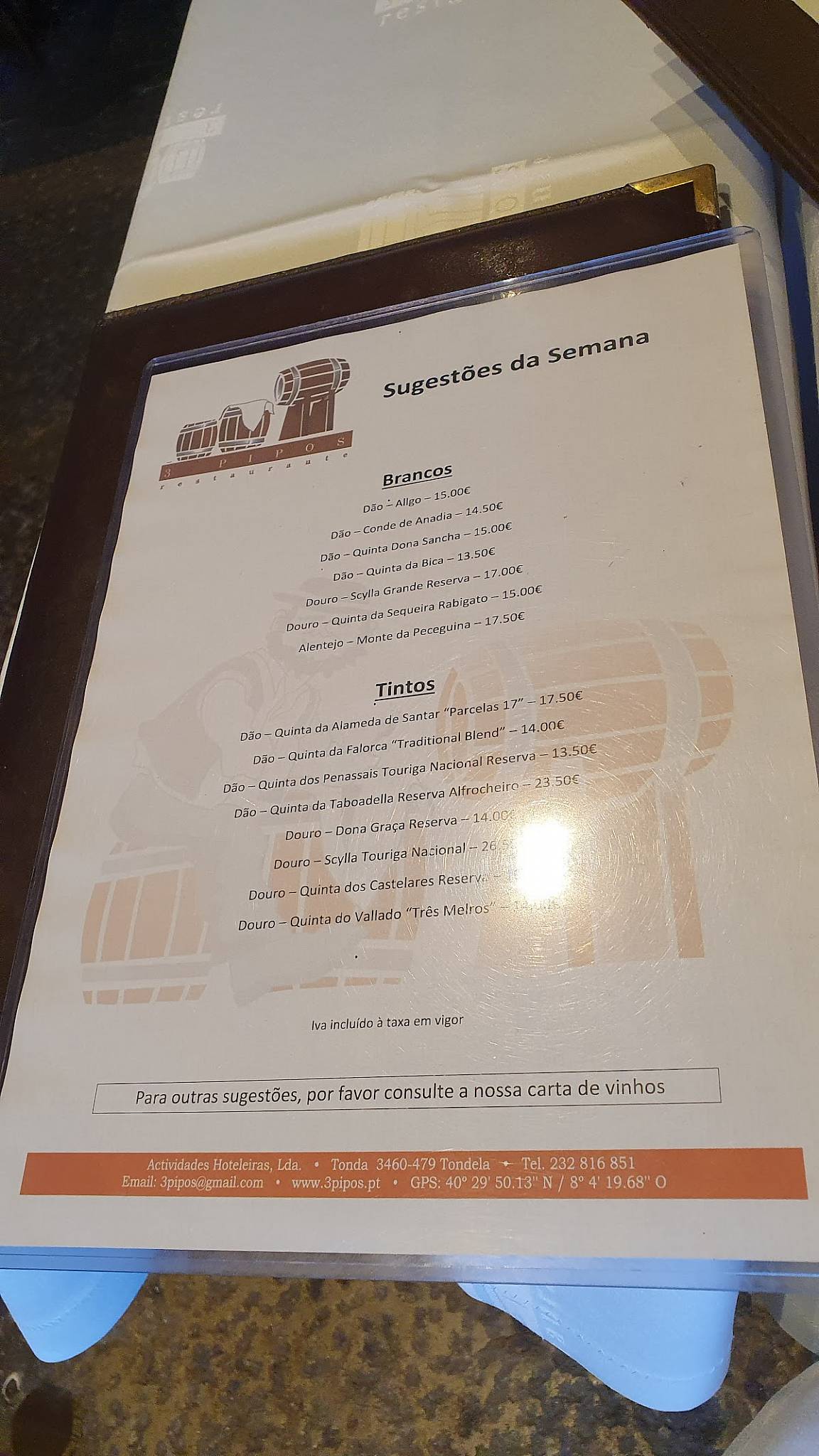 Menu em 3 Pipos restaurante, Tondela
