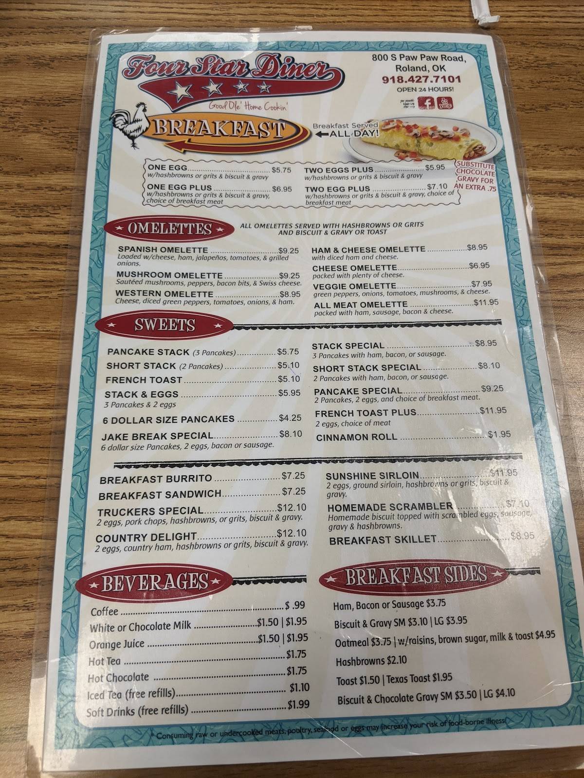 Menu at 4 Star Diner restaurant, Roland