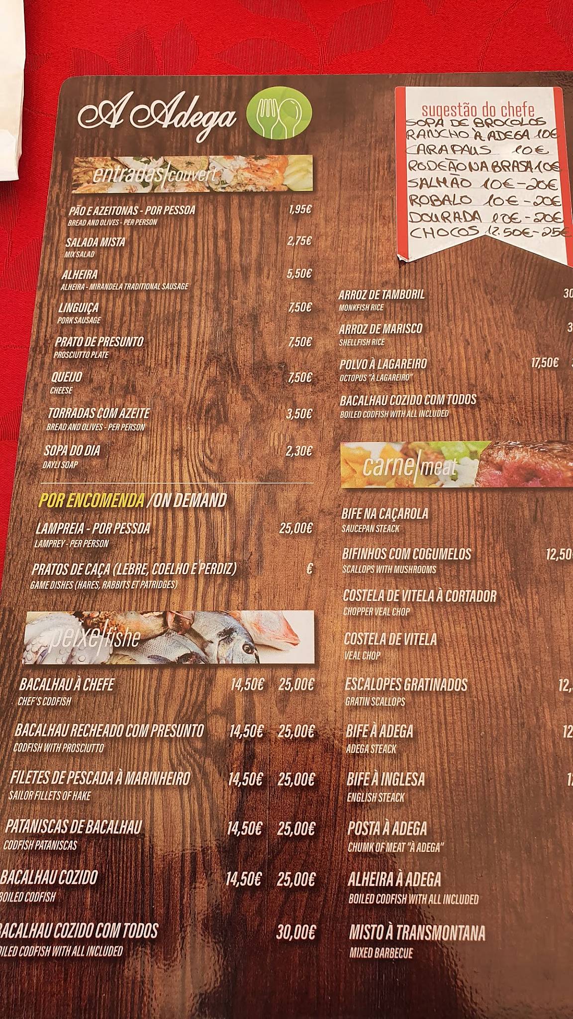Menu em A Adega restaurante, Mirandela