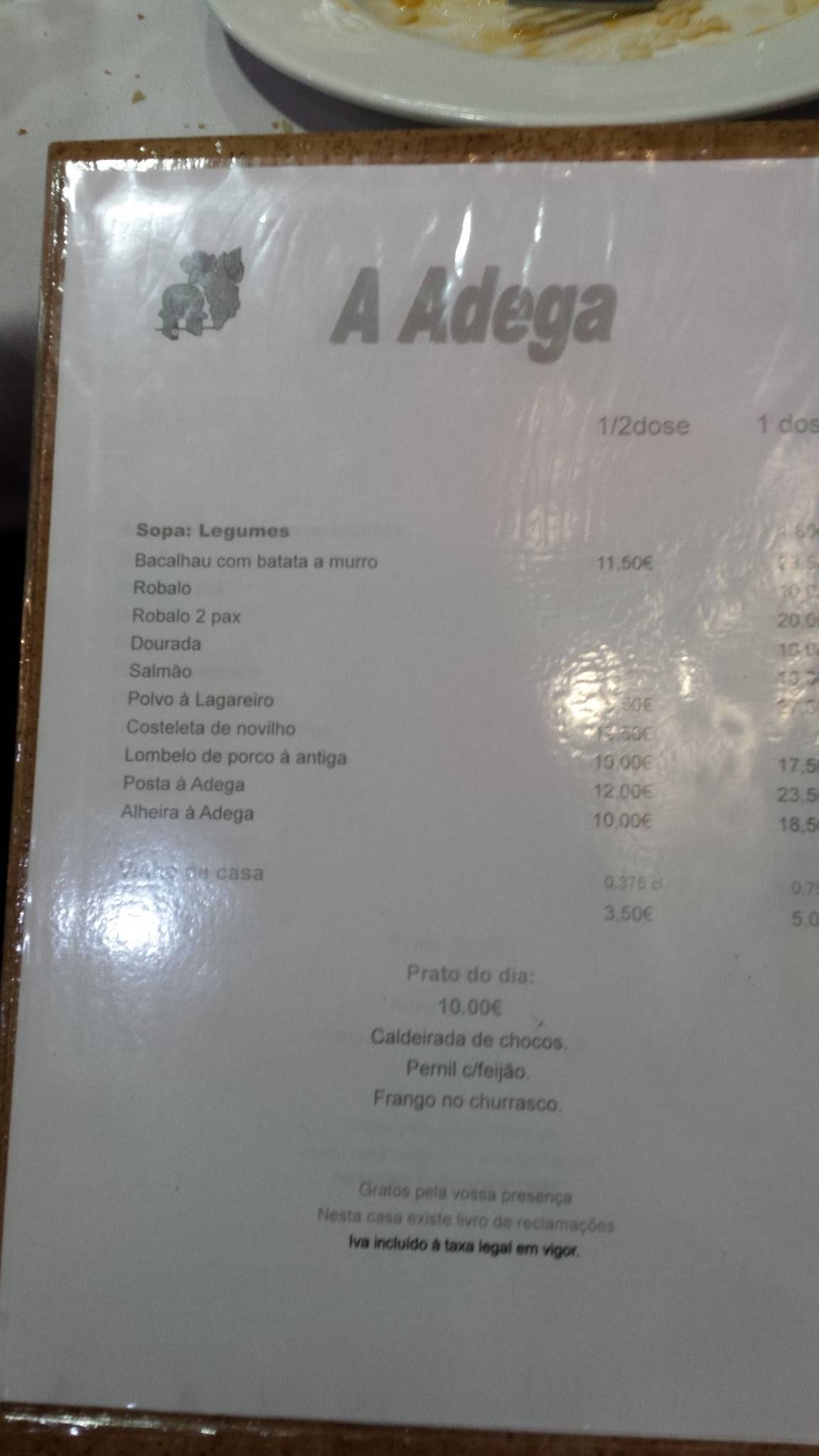 Menu em A Adega restaurante, Mirandela