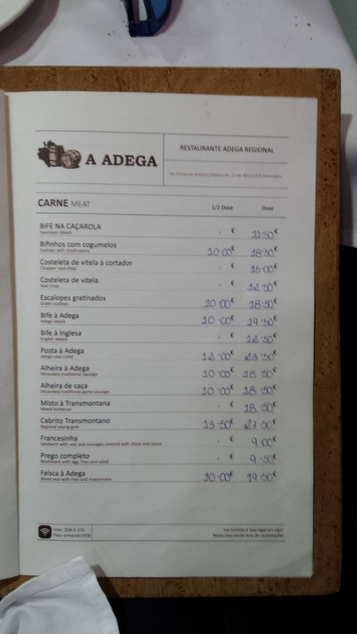 Menu em A Adega restaurante, Mirandela
