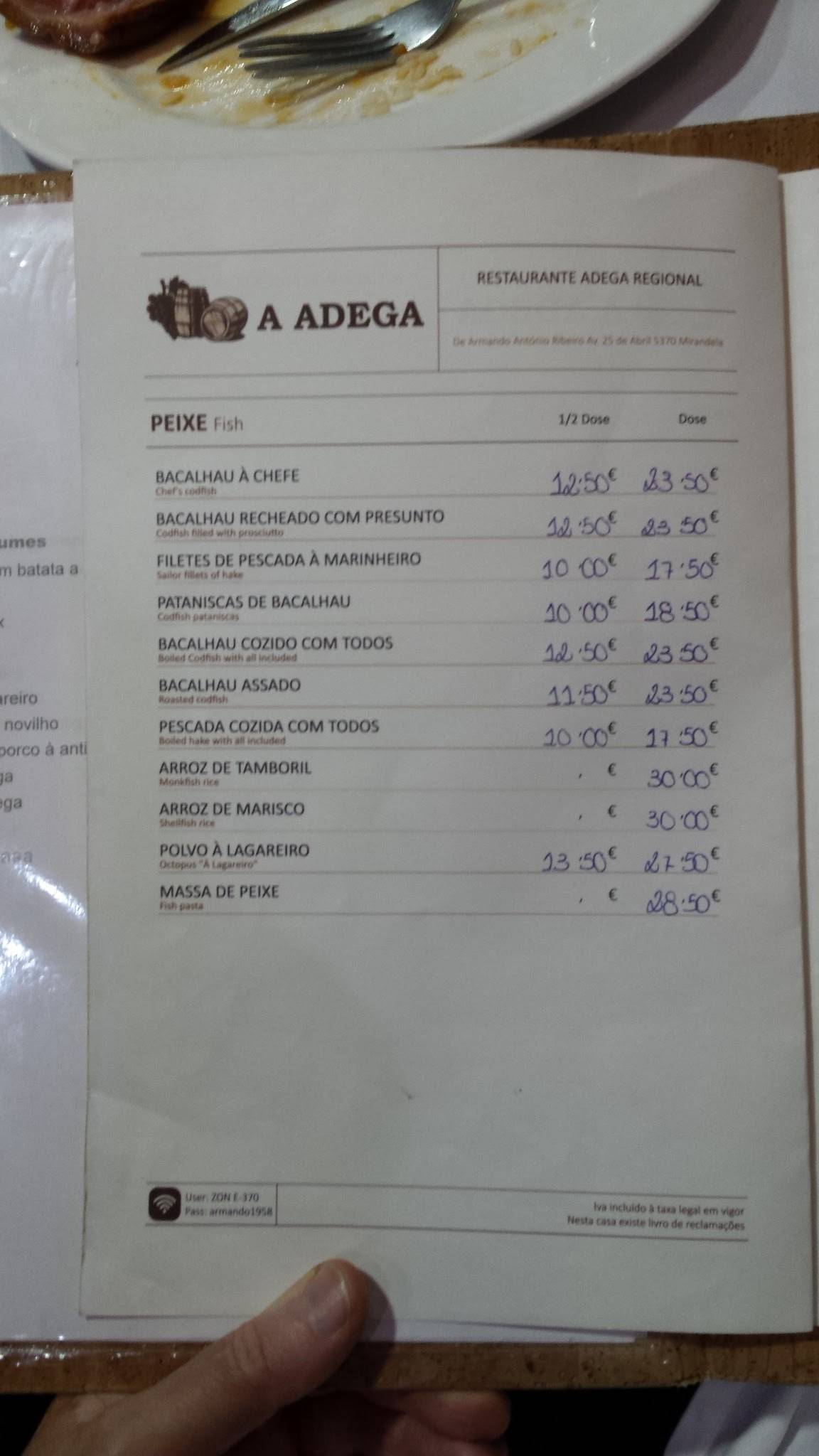 Menu em A Adega restaurante, Mirandela