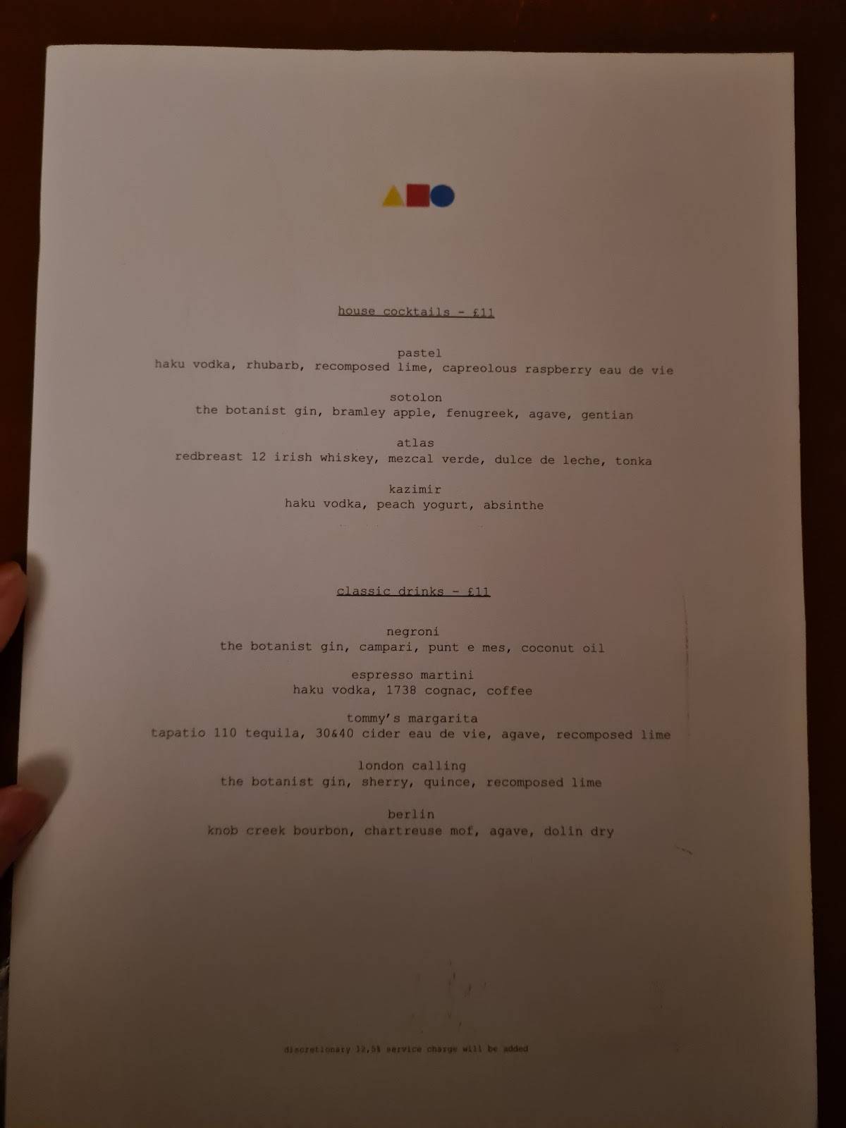 Menu at A Bar with Shapes for a Name, London, 232 Kingsland Rd