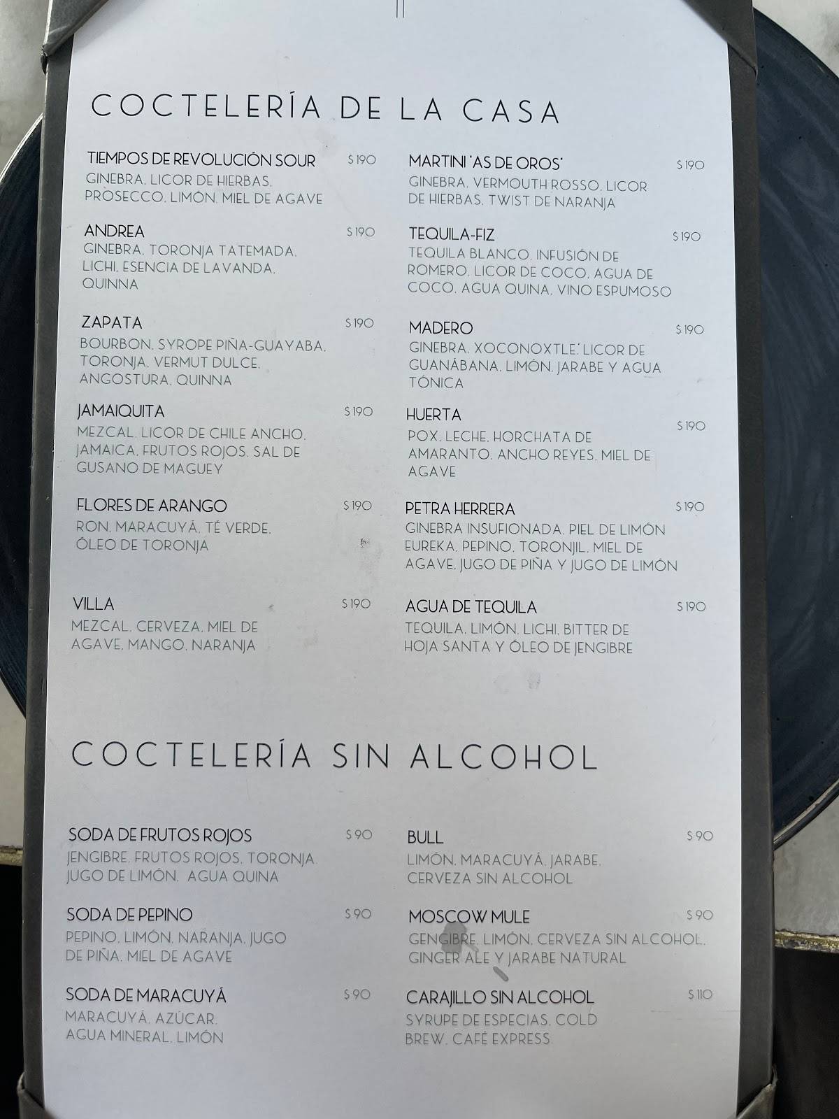 Carta del restaurante ARANGO Cocina del Raíces, Ciudad del México