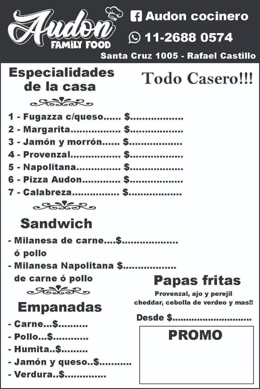 Menu at AUDON family food restaurant, Rafael Castillo