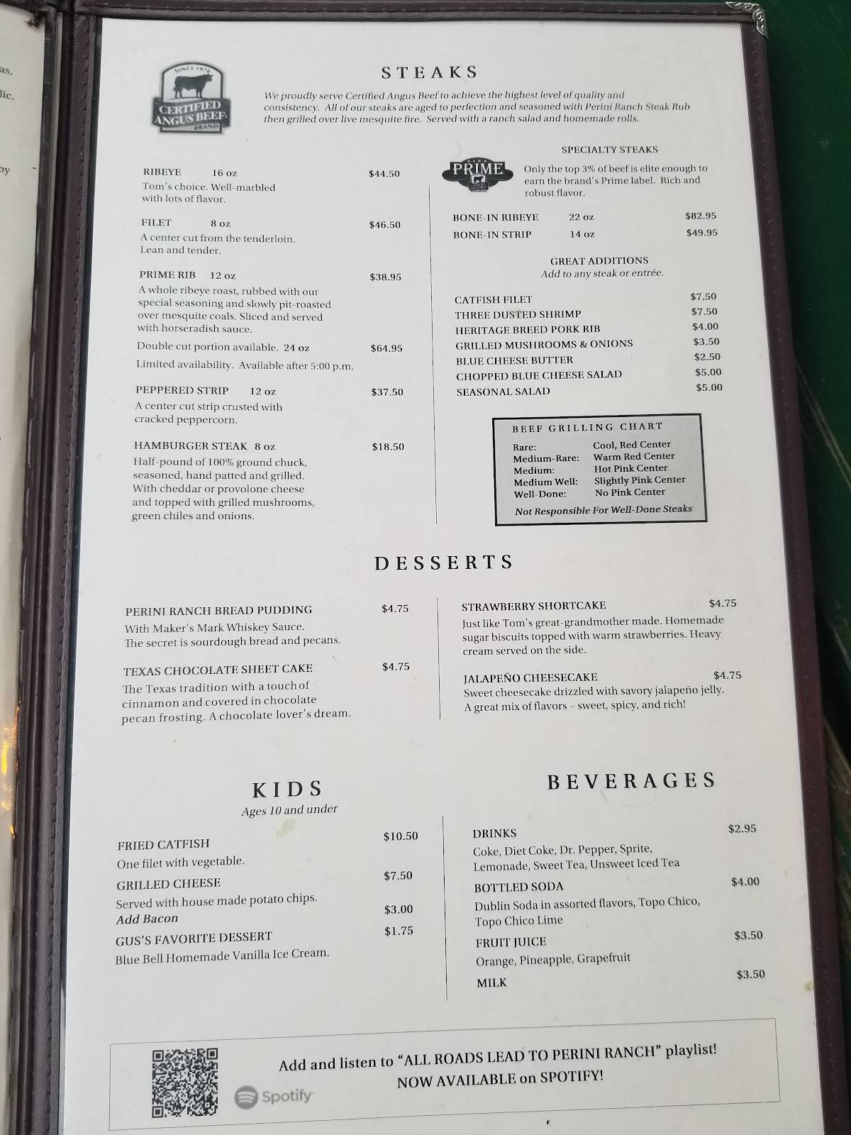 Menu at Perini Ranch Steakhouse, Buffalo Gap