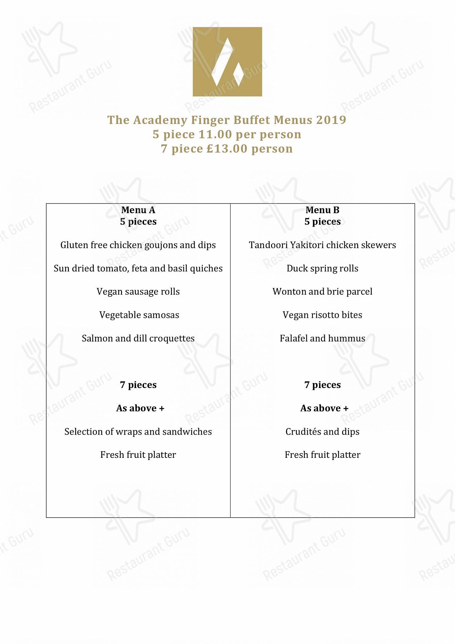 Menu at Academy Restaurant, Belfast