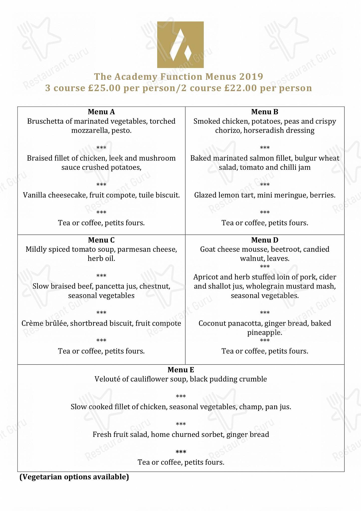 Menu at Academy Restaurant, Belfast