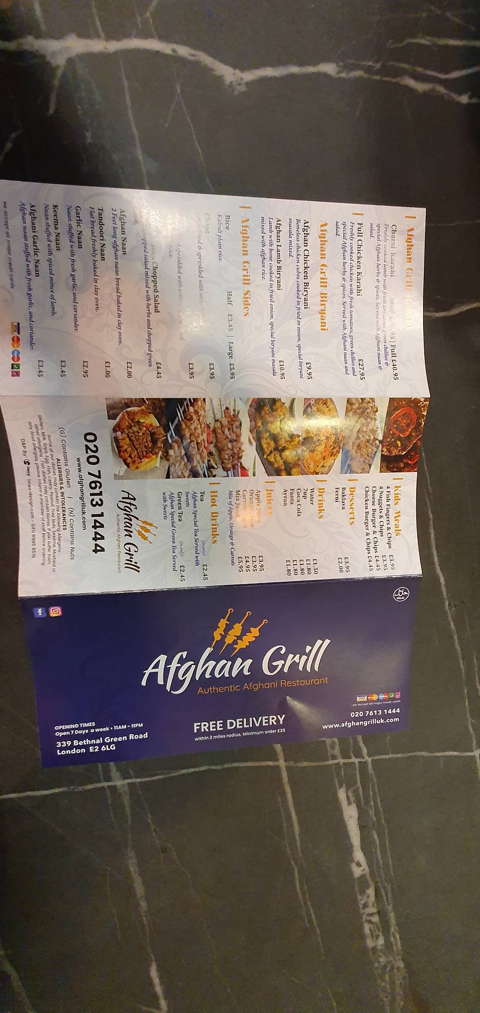 Menu at Afghan Grill restaurant, London