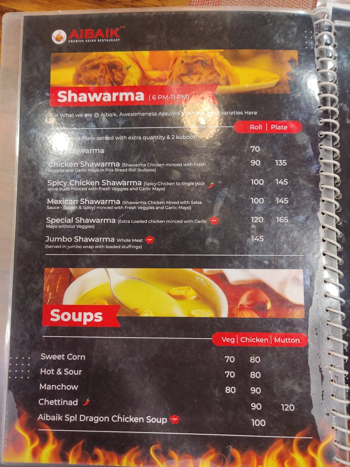 Menu at Aibaik, Sivakasi