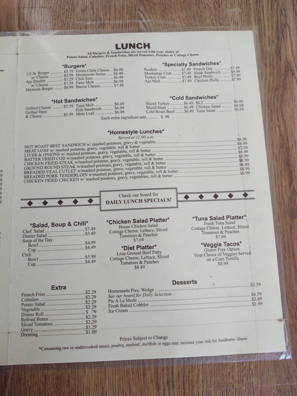 Menu at Ajo Cafe, Tucson