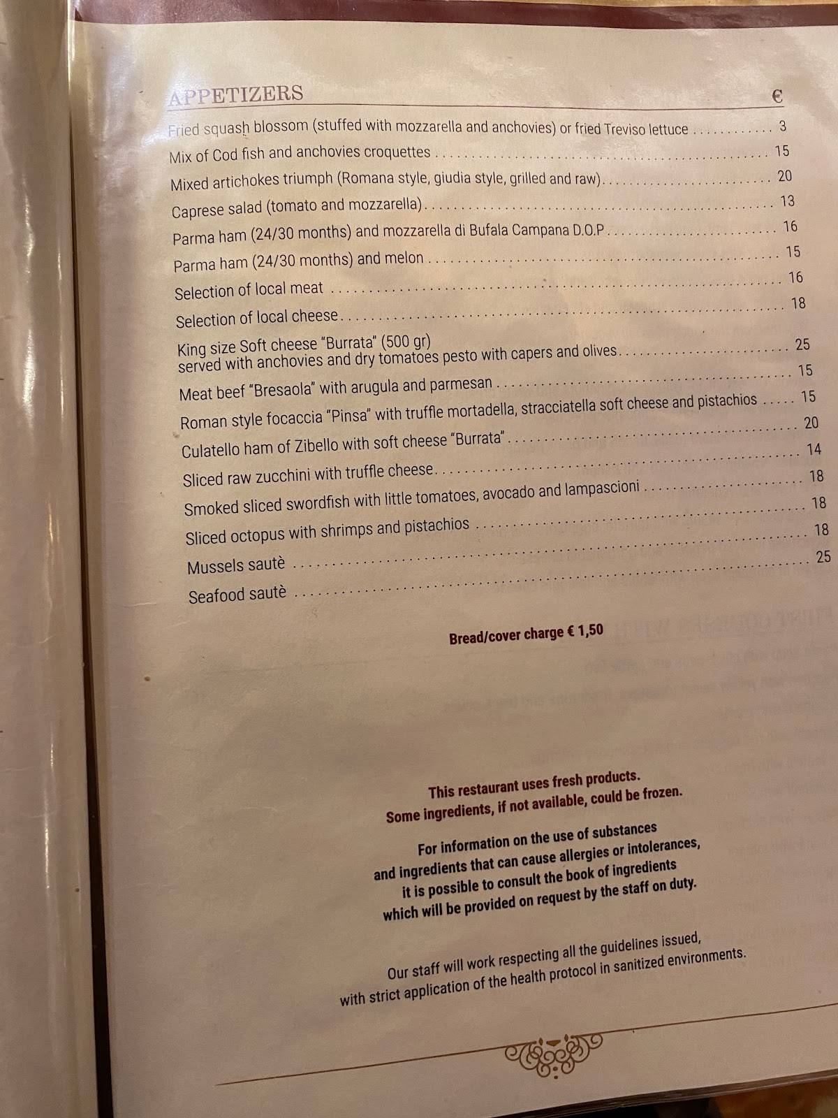 Menu at Al 34 restaurant, Rome