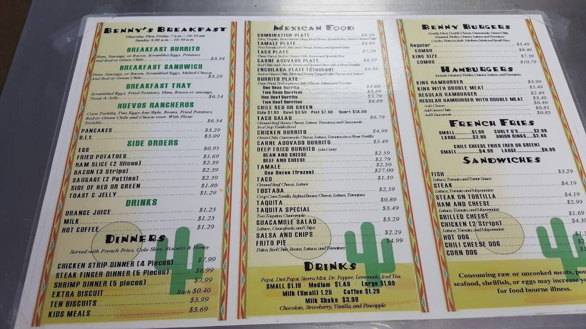 Menu at Benny's restaurant, Bosque Farms
