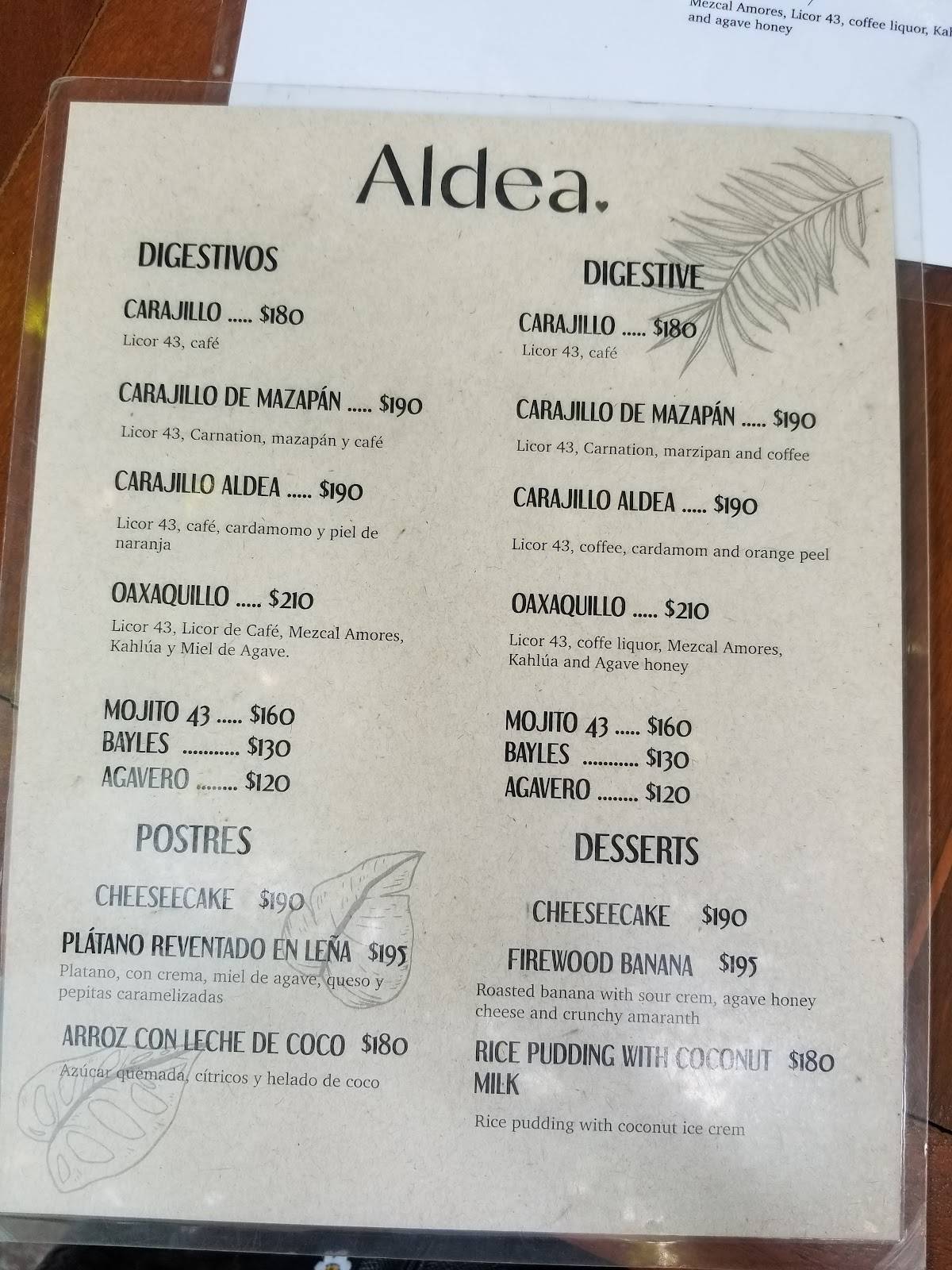 Menu at Aldea Corazón restaurant, Playa del Carmen, 5 Av. Nte. 5