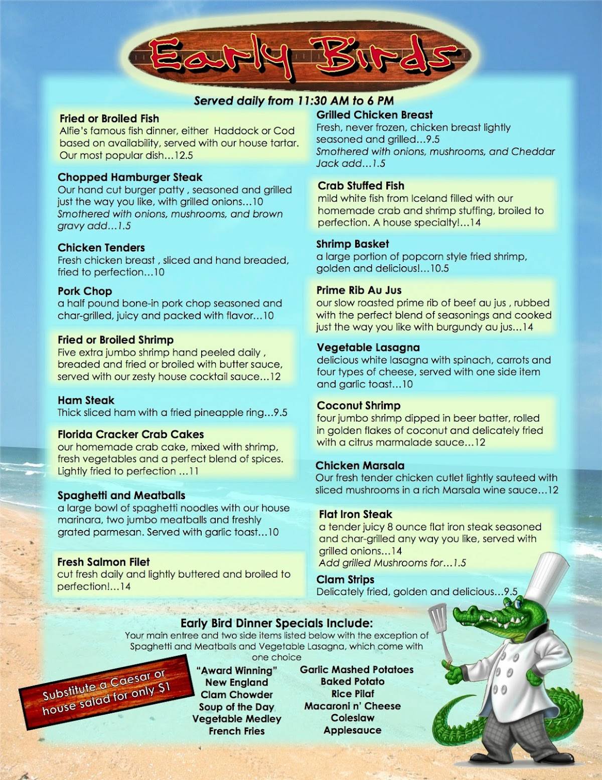 Menu at Alfie's Restaurant, Ormond Beach