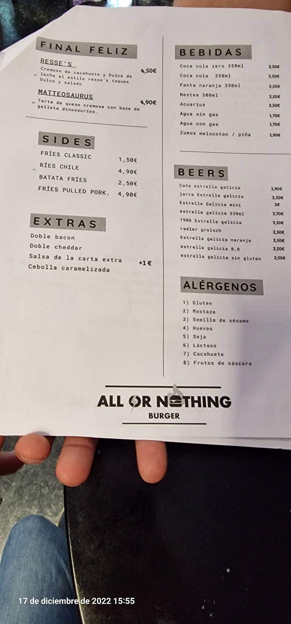 Carta del restaurante All or nothing Burger, Las Palmas del Gran Canaria