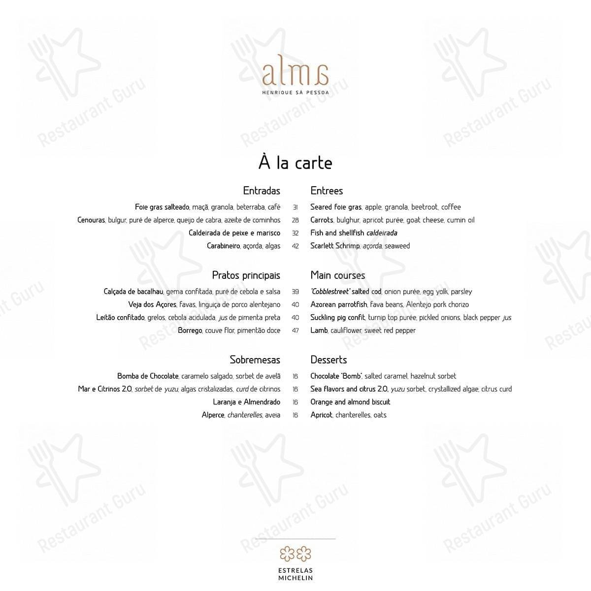 Menu em Alma restaurante, Lisboa, R. Anchieta 15