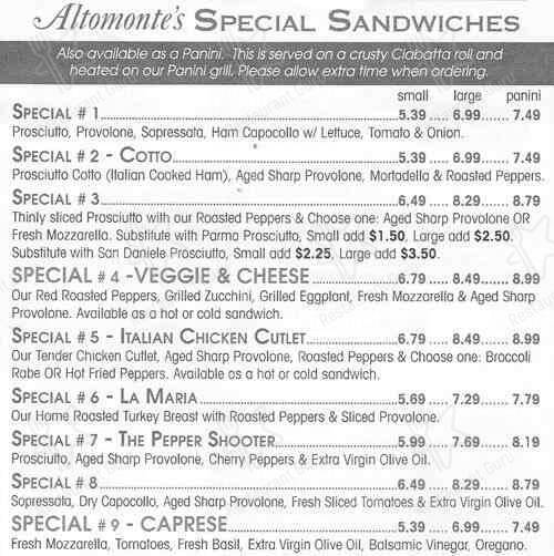 Menu at Altomonte's Italian Market & Delicatessen restaurant, Warminster