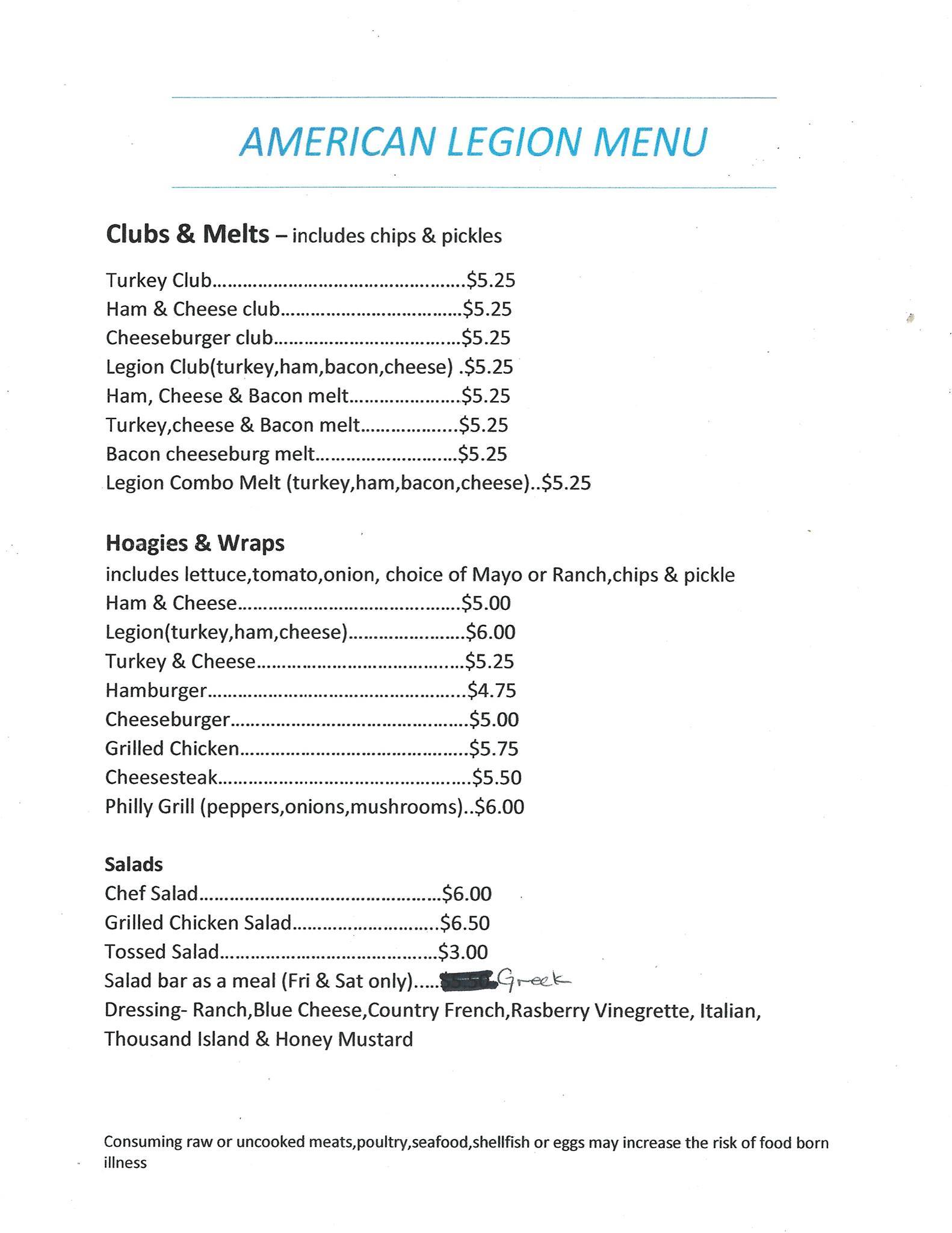 Menu at American Legion Post 223 pub & bar, Shippensburg