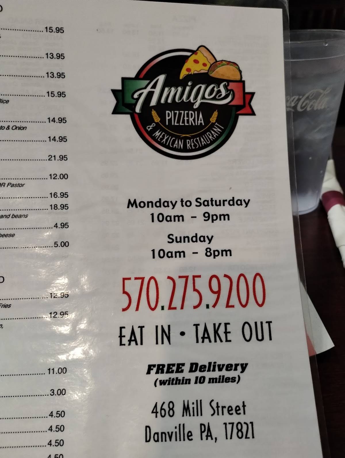 Menu at Amigos Pizzeria and Mexican Restaurant, Danville