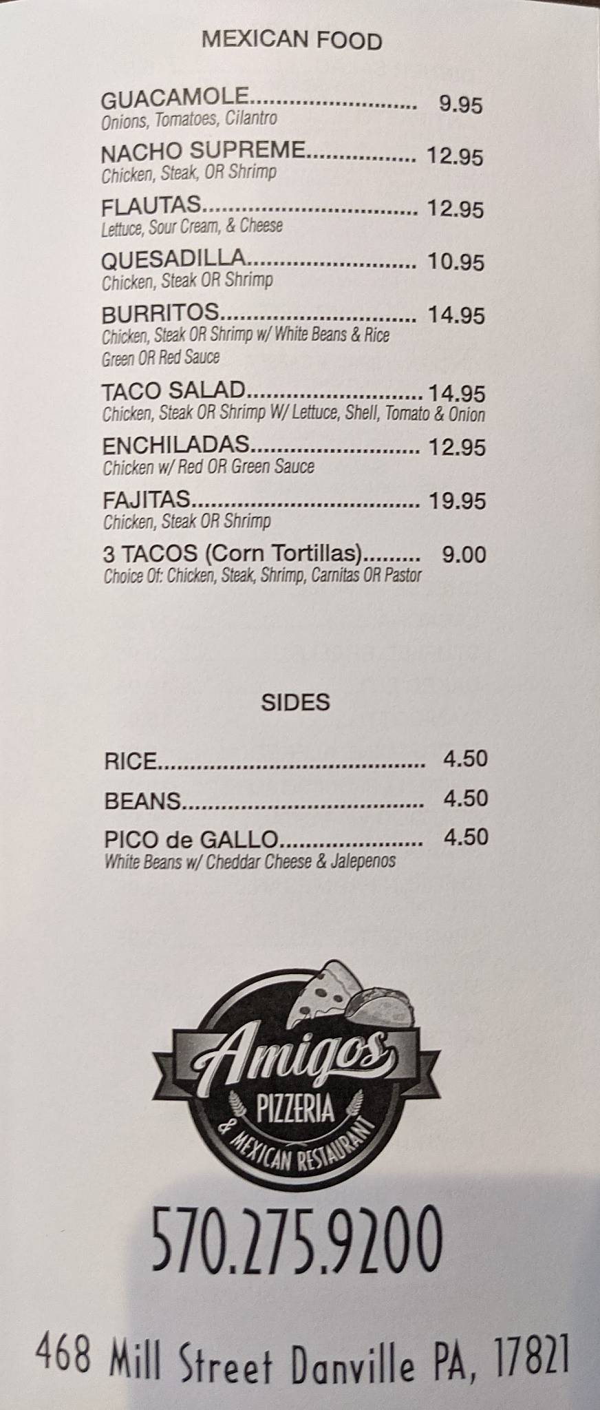 Menu at Amigos Pizzeria and Mexican Restaurant, Danville