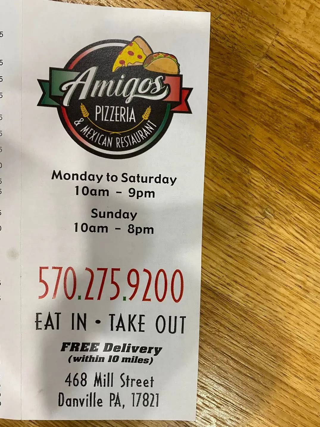 Menu at Amigos Pizzeria and Mexican Restaurant, Danville