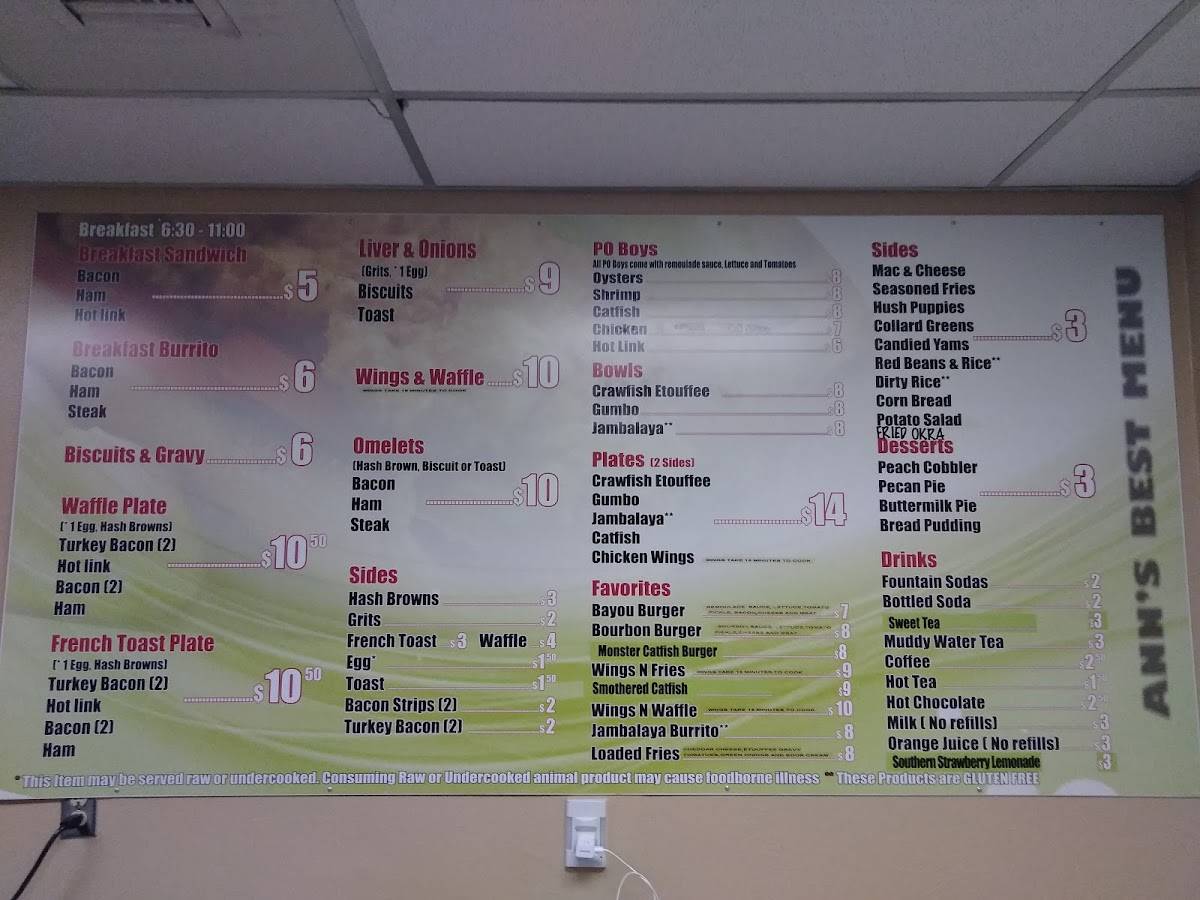 Menu at Ann's Best Creole & Soul Food restaurant, Richland