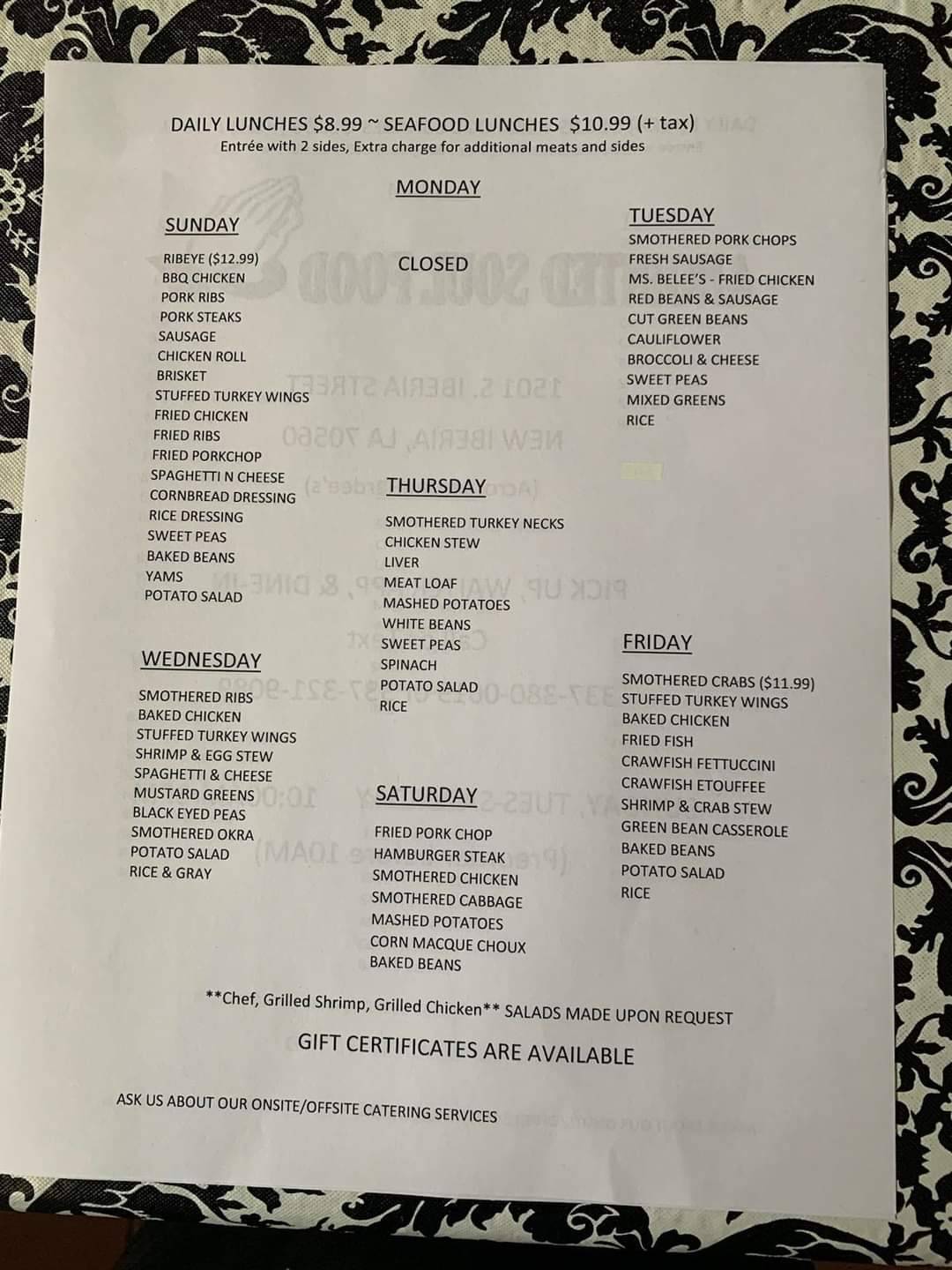 Menu at Anointed Soul Food restaurant, New Iberia, Iberia St