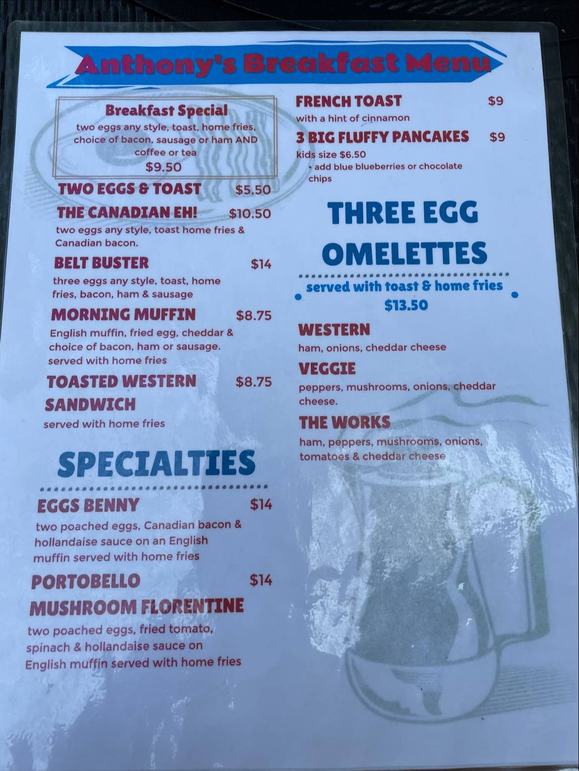 Menu at Anthony's restaurant, Gananoque