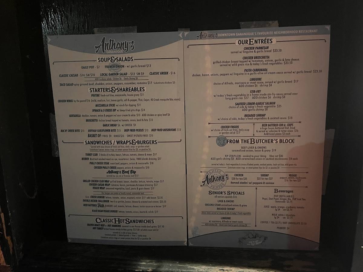 Menu at Anthony's restaurant, Gananoque