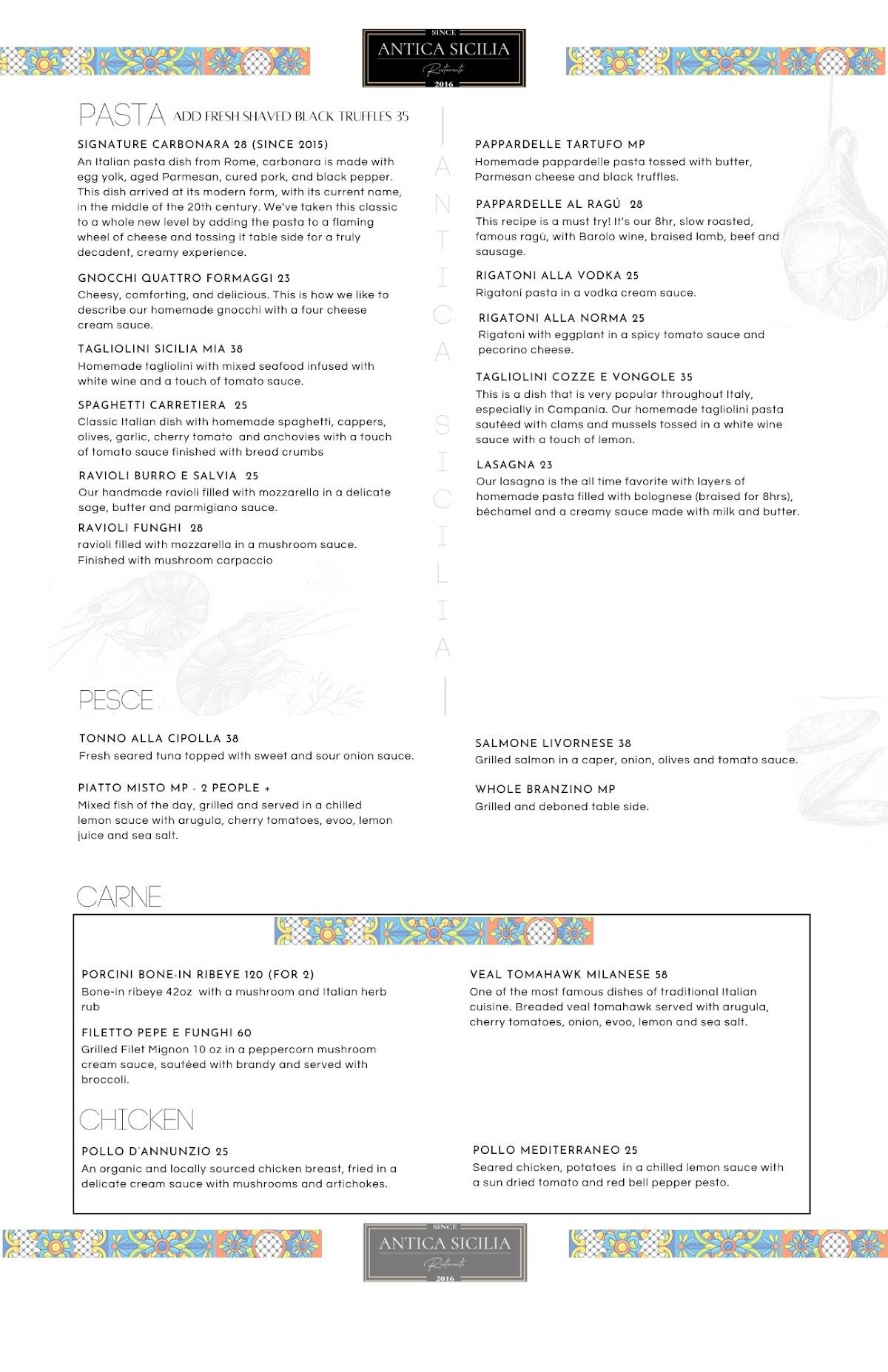 Menu at Antica Sicilia restaurant, Salt Lake City