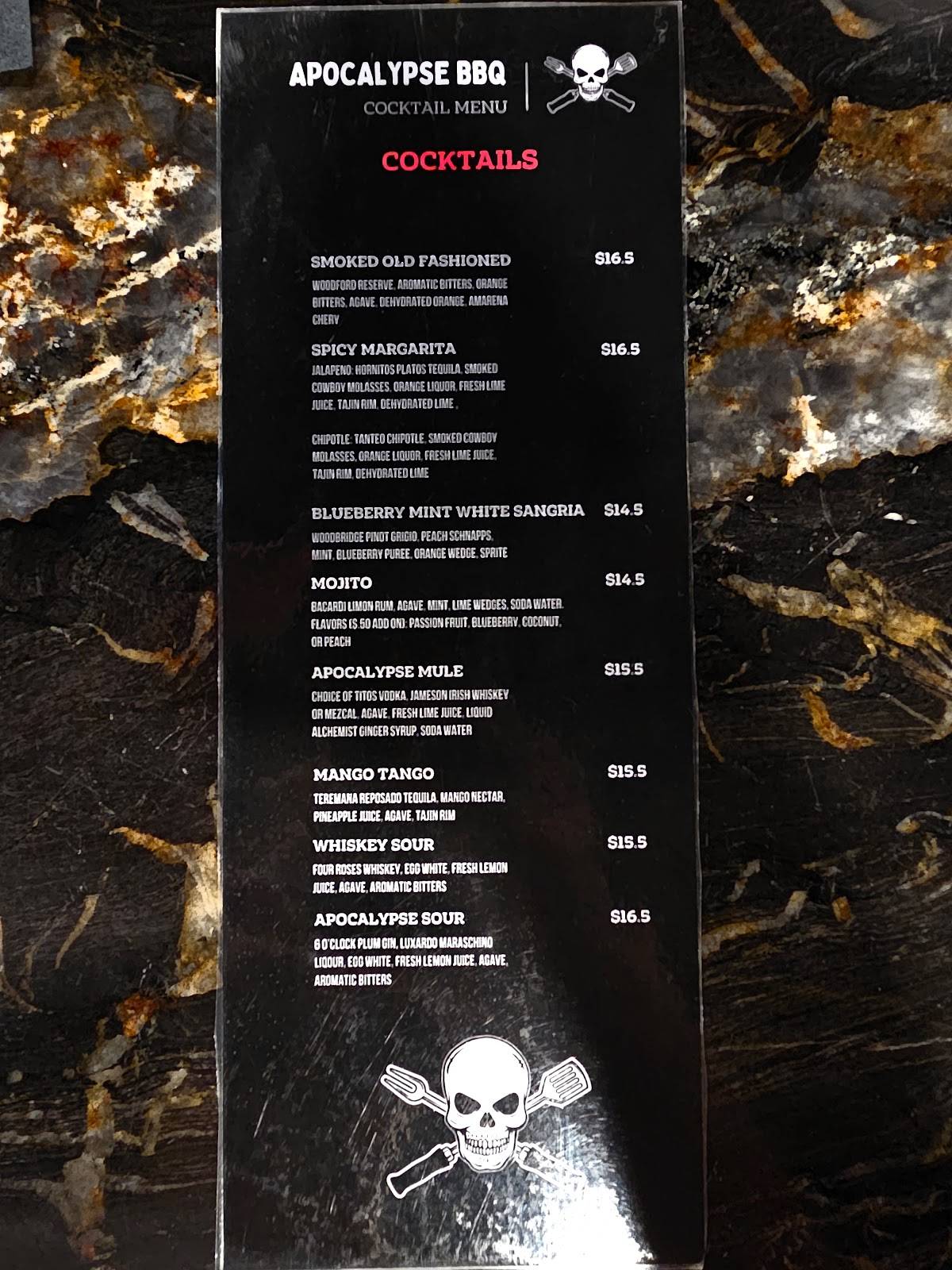 Menu at Apocalypse BBQ, Miami, SW 104th St