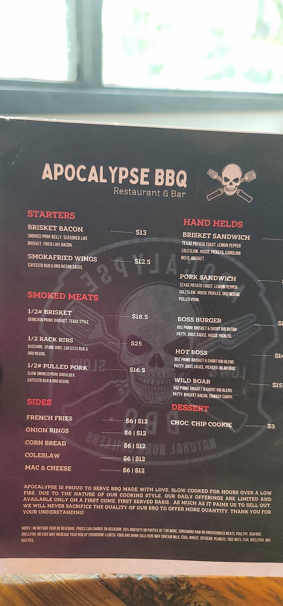 Menu at Apocalypse BBQ, Miami, SW 104th St