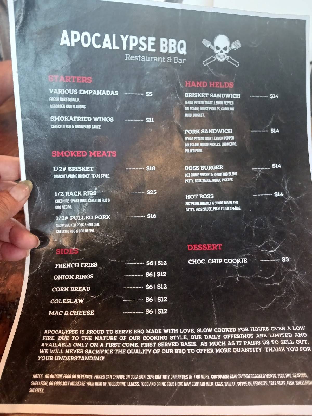 Menu at Apocalypse BBQ, Miami, SW 104th St
