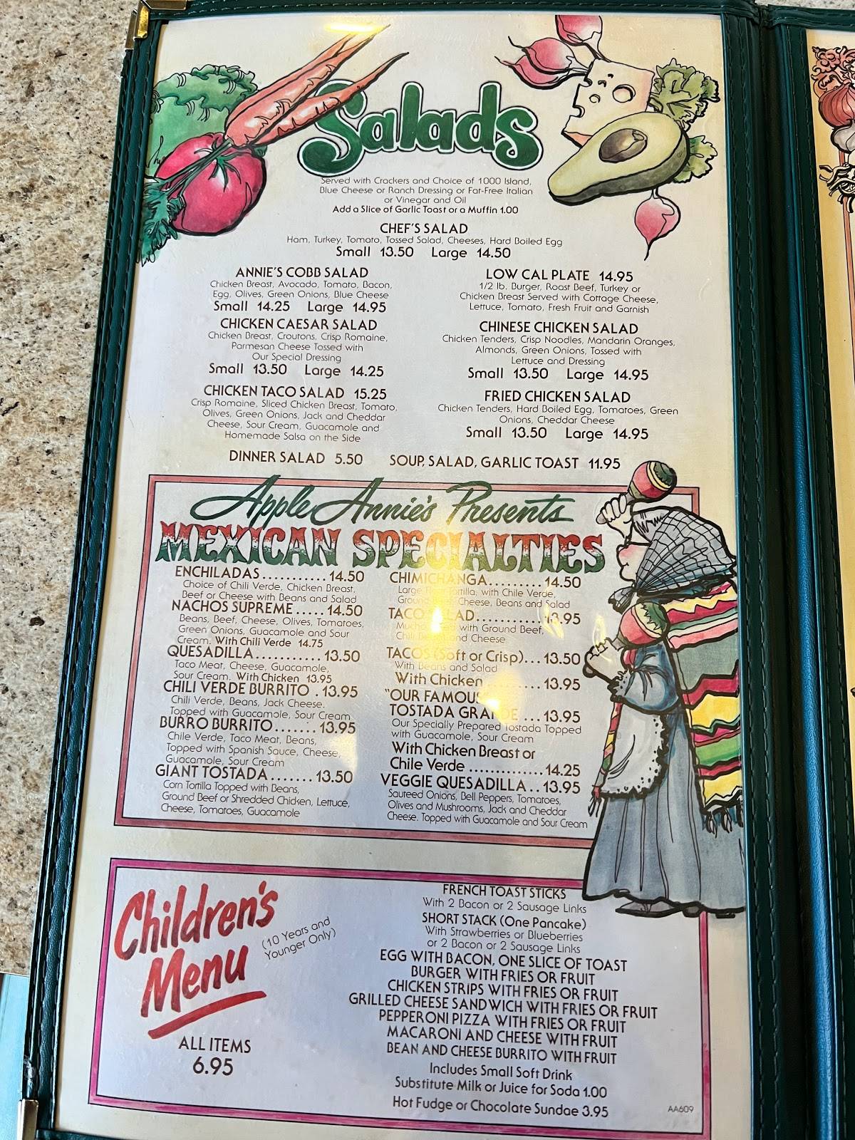 Menu at Apple Annie's restaurant, Tulare