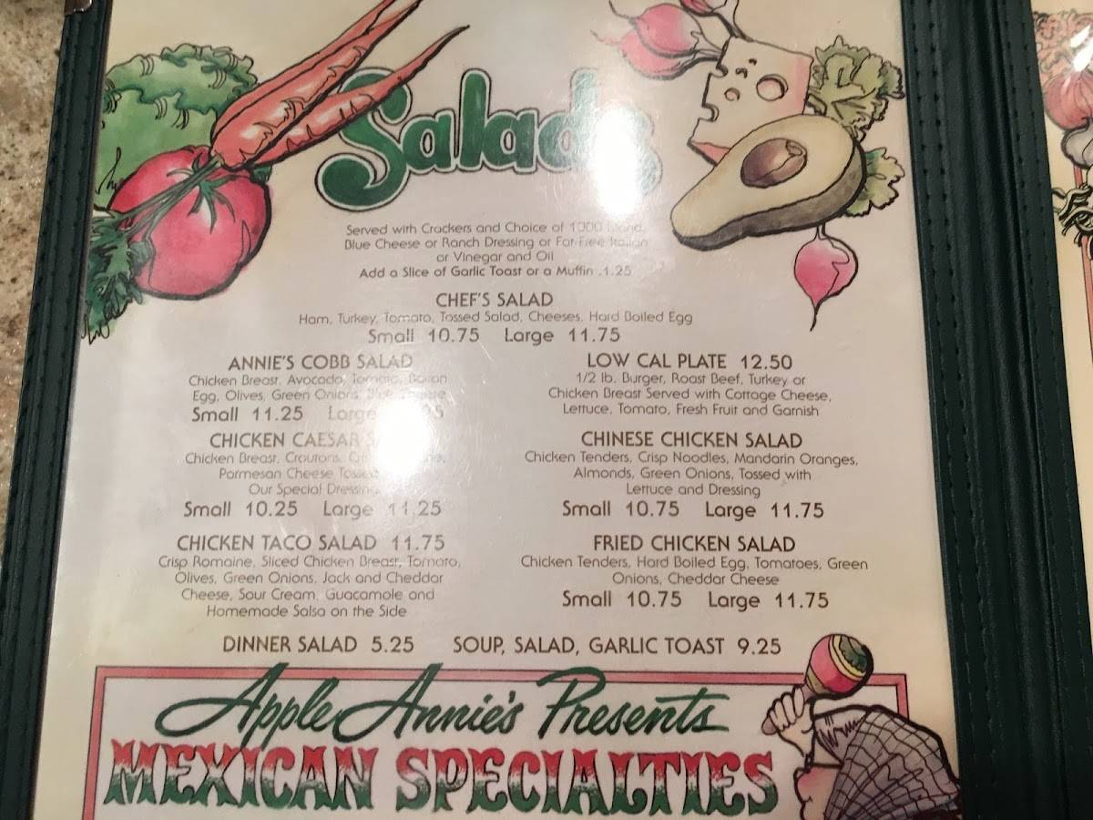 Menu at Apple Annie's restaurant, Tulare