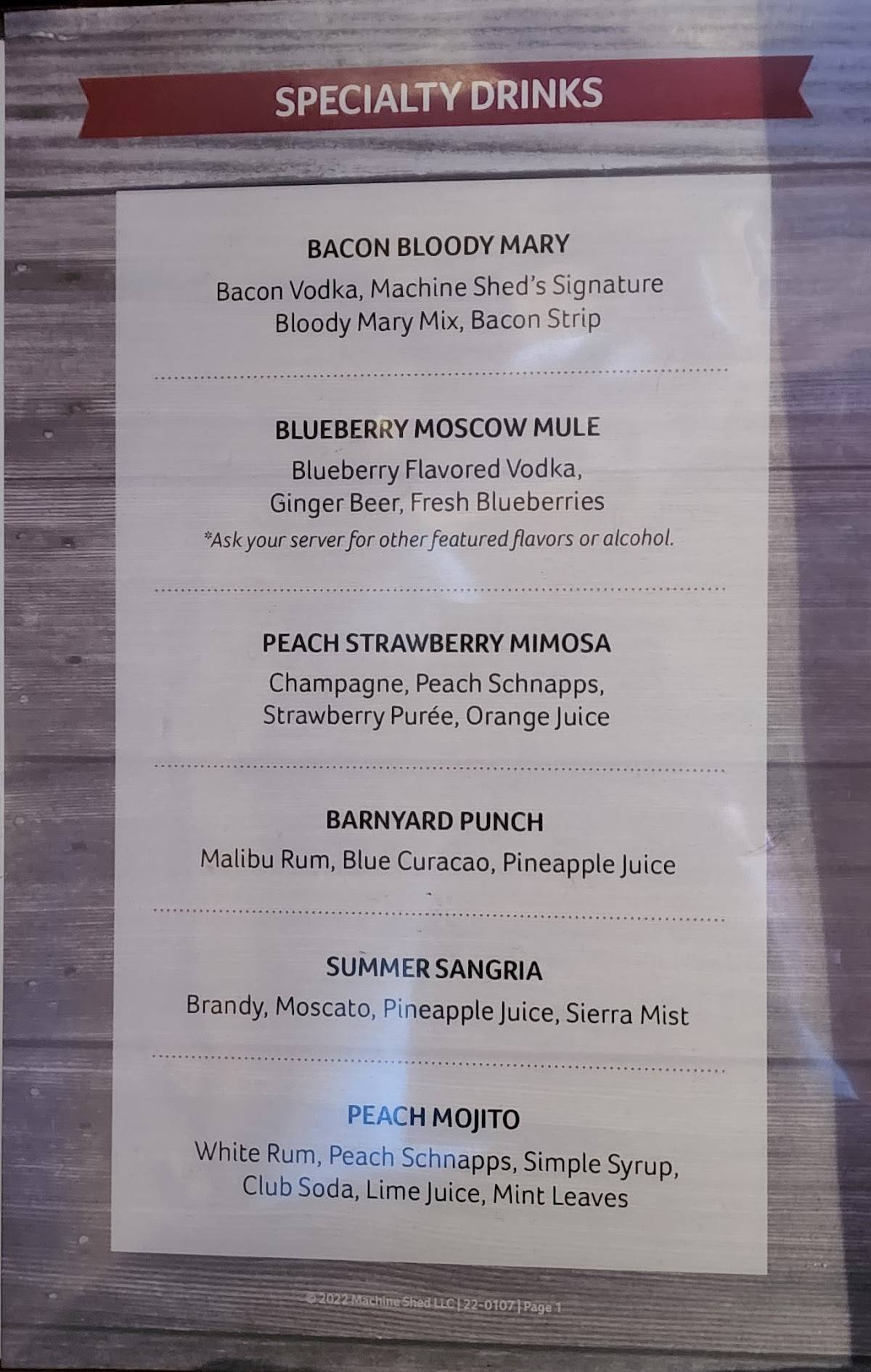 Menu at Machine Shed Restaurant Appleton, Appleton