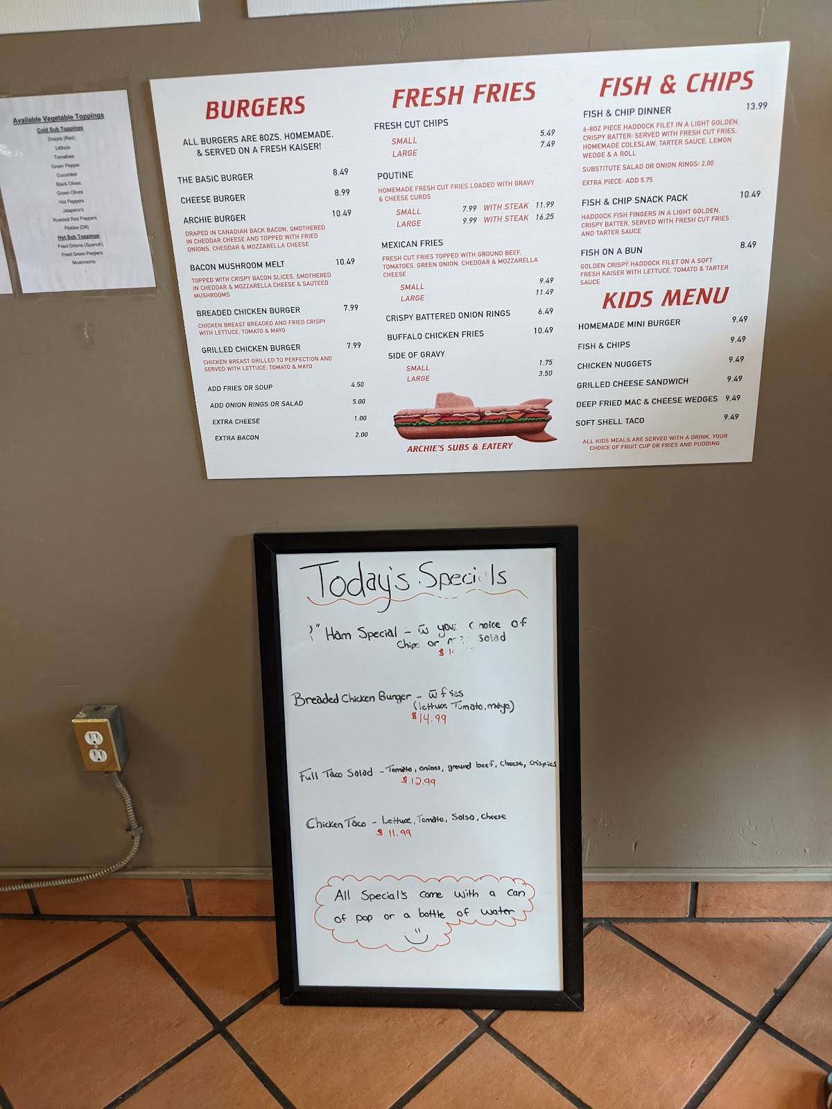 Menu at Archie's Subs and Eatery restaurant, Port Colborne