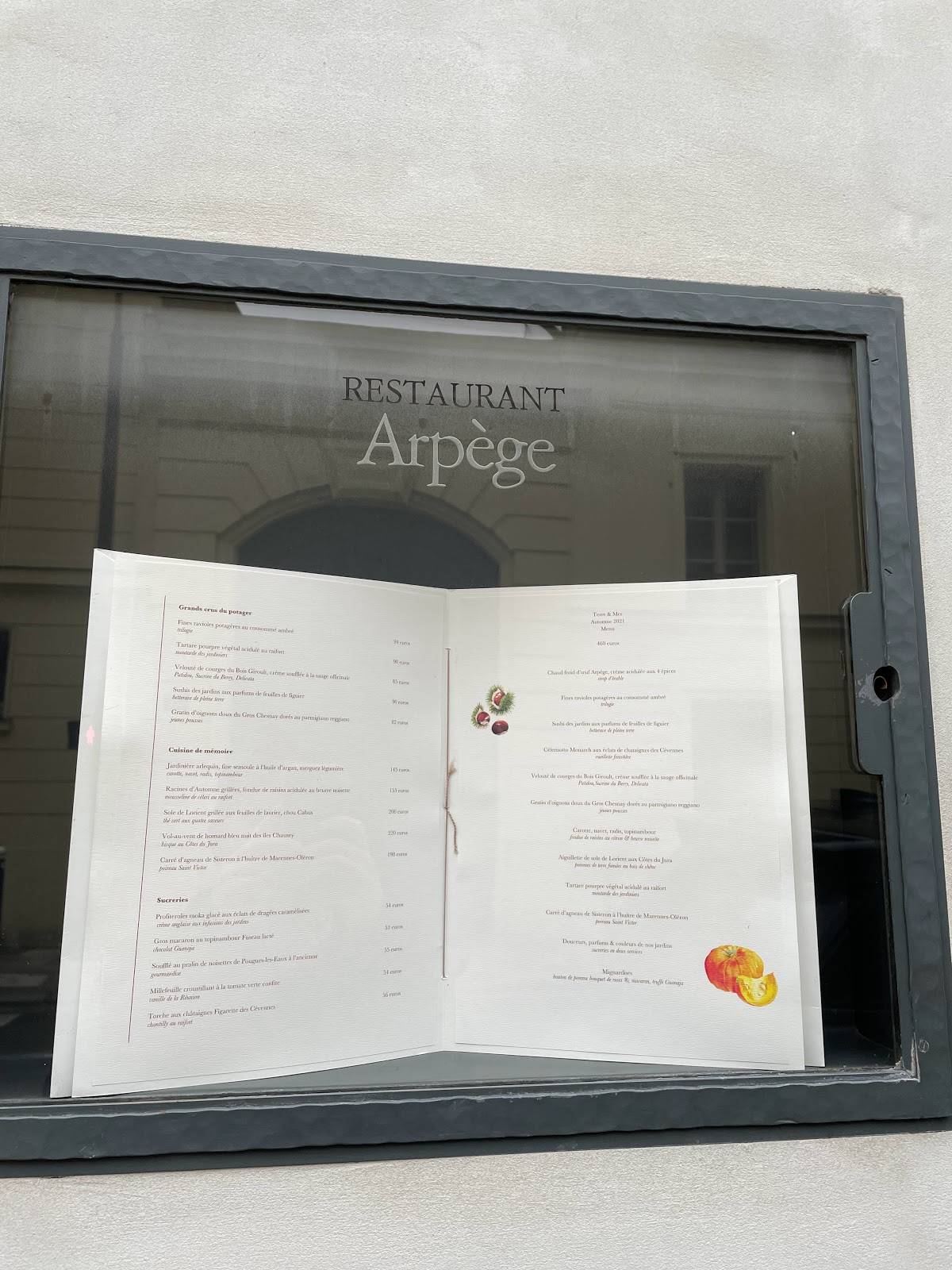 Menu at Arpège restaurant, Paris, 84 Rue de Varenne