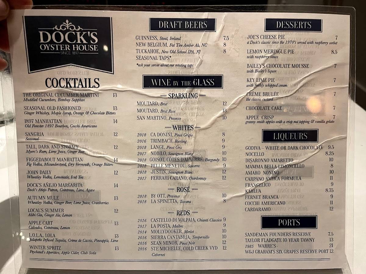 Menu at Dock's Oyster House pub & bar, Atlantic City