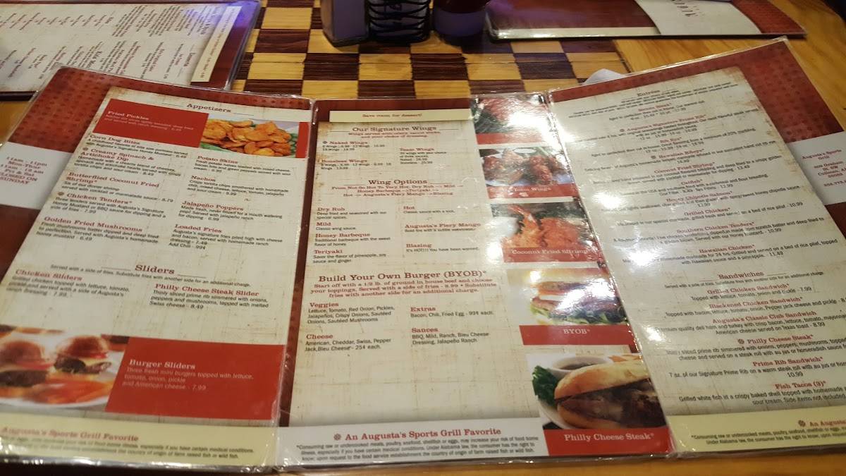 Menu at Augusta's Sports Grill pub & bar, Cullman