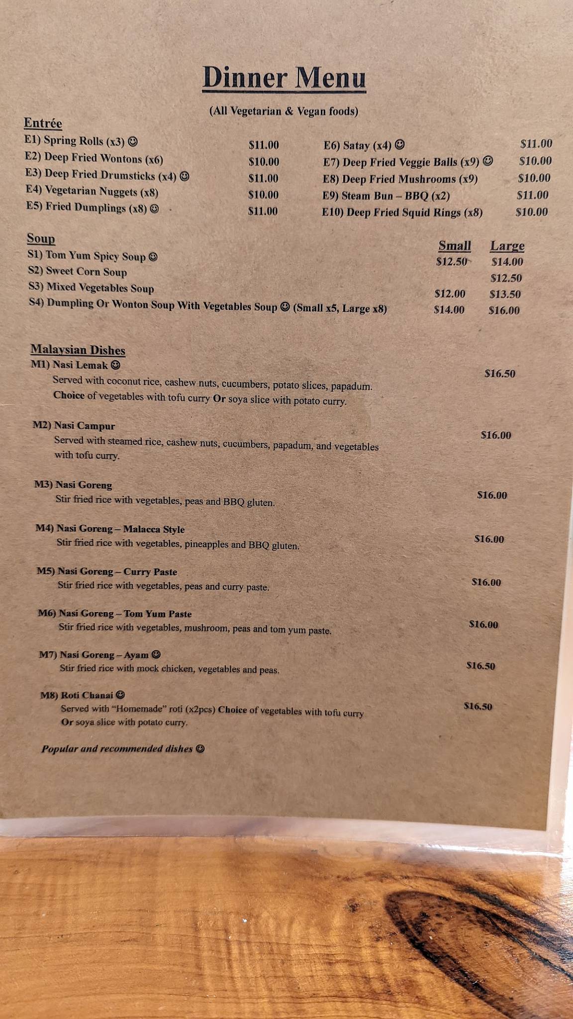Menu at Aunty Mena's Vegetarian Restaurant & Cafe, Wellington