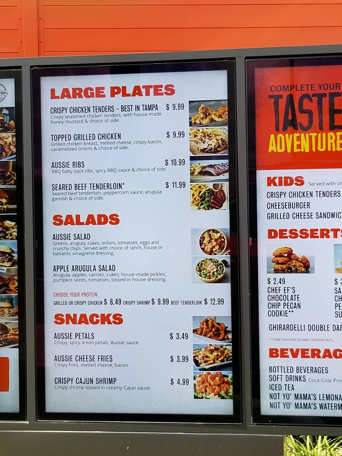 Menu at Aussie Grill restaurant, Lutz, Sierra Center Blvd
