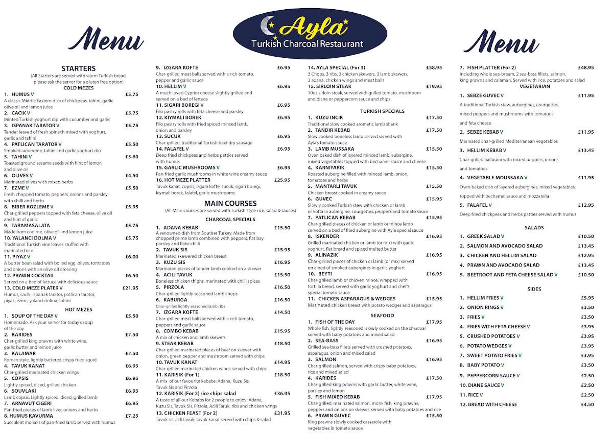 Menu at Ayla Turkish Charcoal Restaurant New Brighton, Wallasey