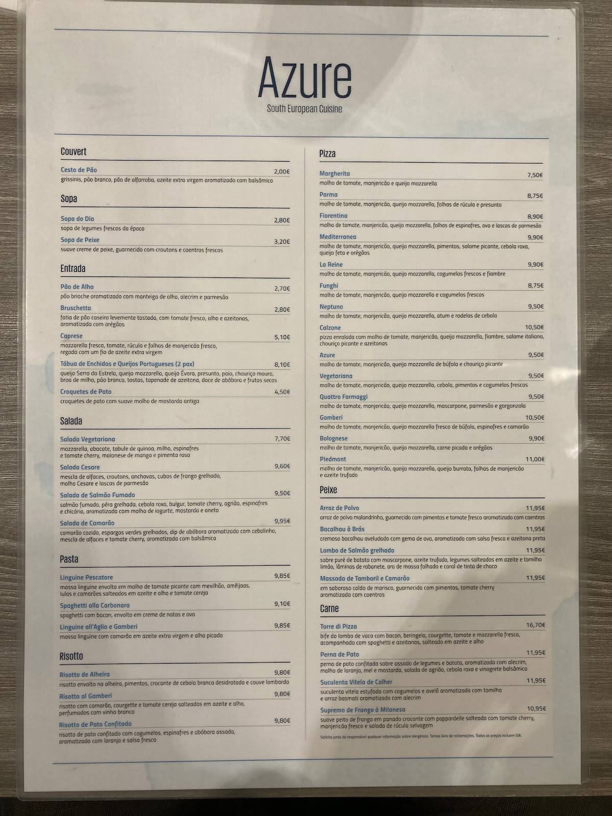 Menu em Azure restaurante, Carcavelos