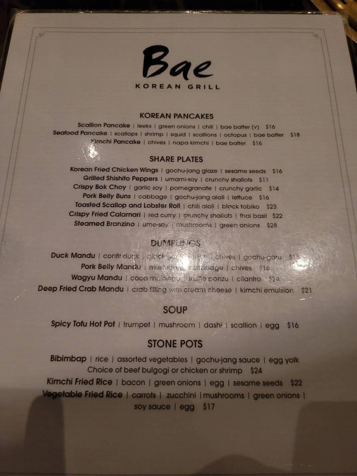 Menu at Bae Korean Grill BBQ, Hollywood