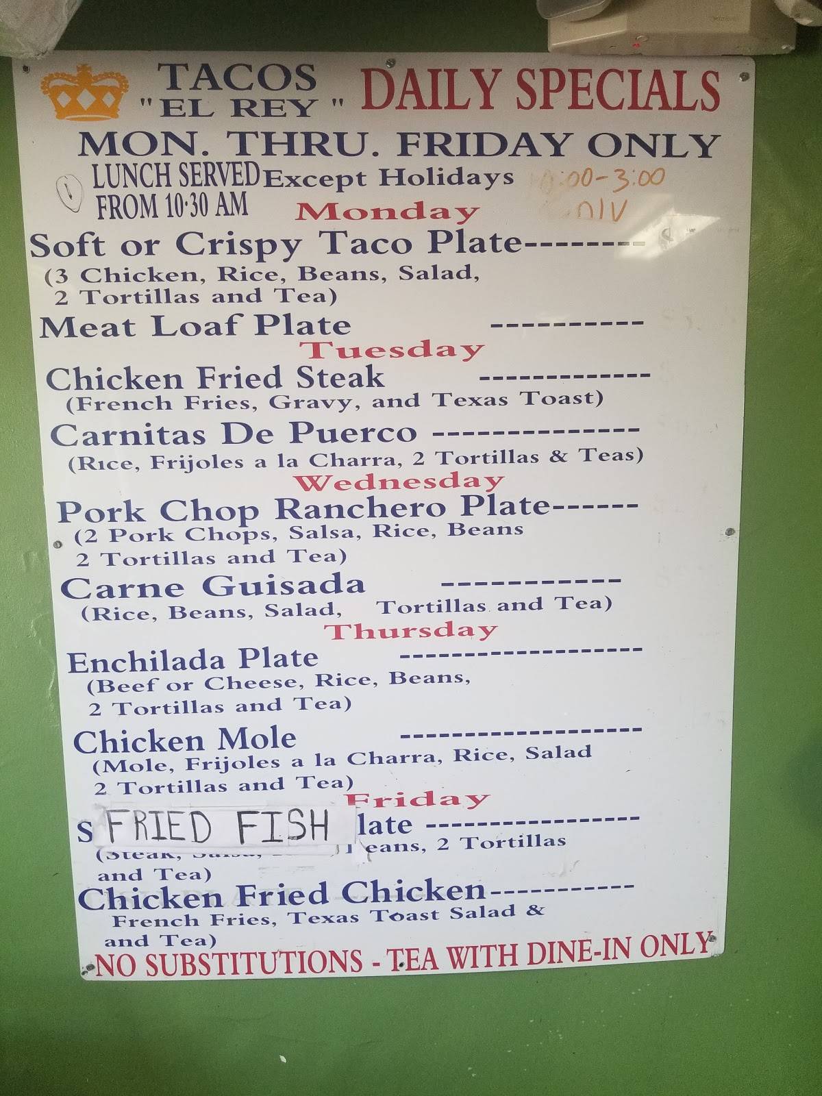 Menu at Tacos El Rey restaurant, San Antonio, Castroville Rd